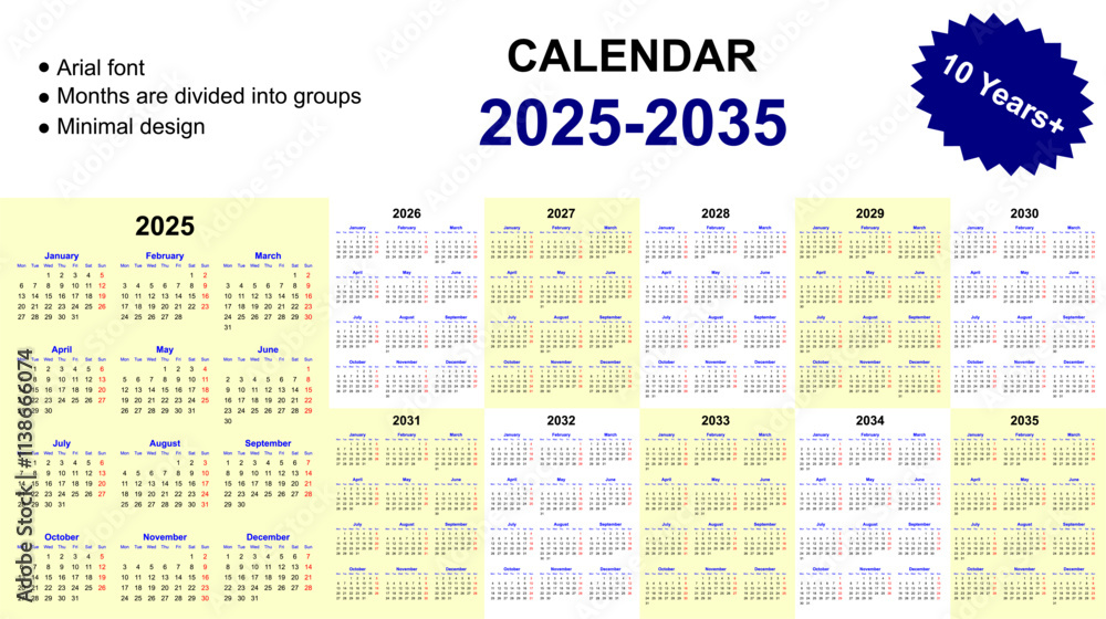 2025 to 2035, 10 years plus calendar set. arial font calendar set ...