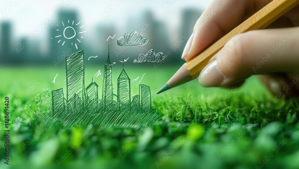 Child drawing outlines sustainability ecology save environment concept ...