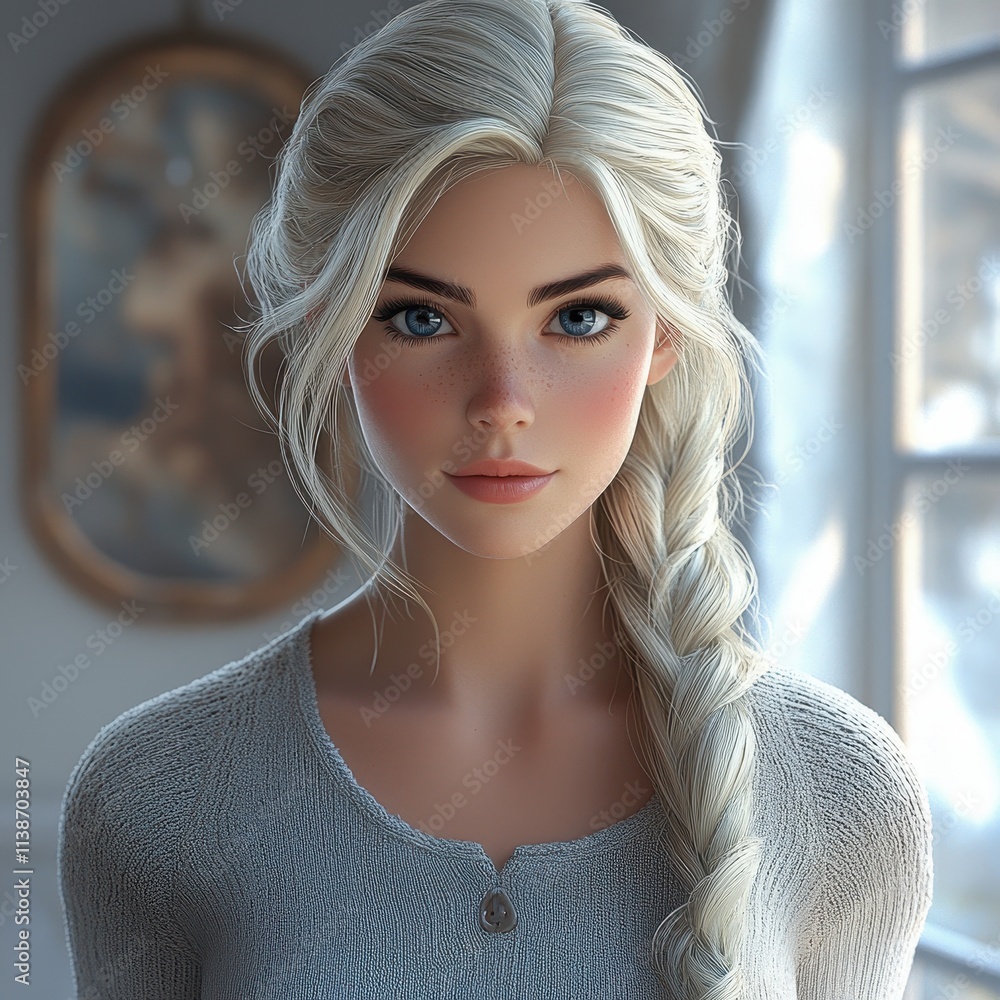 Beautiful 3D avatar with long blonde hair and blue eyes in a stylish ...