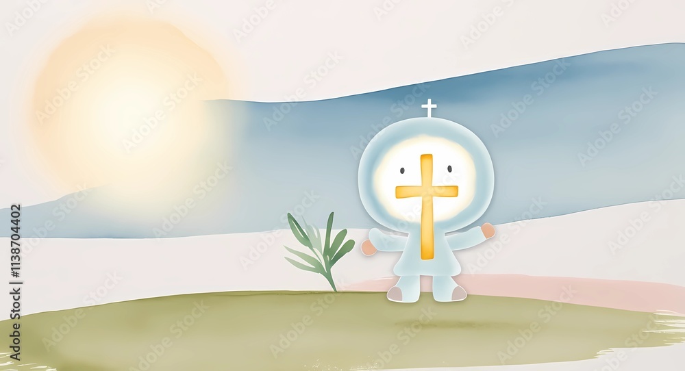 Cute elementary kids art of simple cartoon character holding cross ...