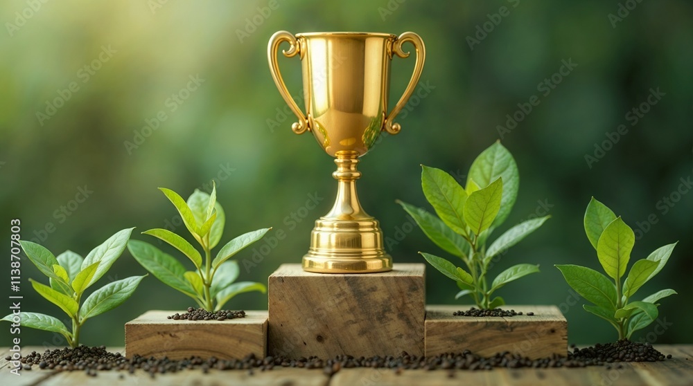 Golden trophy on the podium with green plants growing around it ...