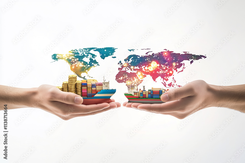 Global trade and shipping represented by hands holding cargo ships and ...