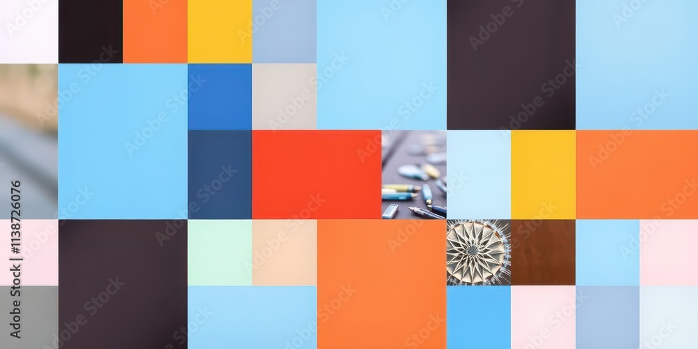 A grid of different sized squares and rectangles filled with colorful photos, creating a dynamic ...