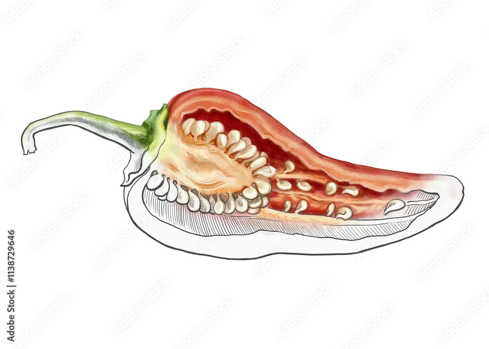 Red chili pepper in section. Color detailed illustration in mixed ...