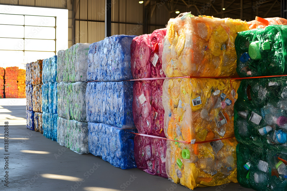 Recycled Plastic bales, Platic bottle waste after reecyling, concept ...