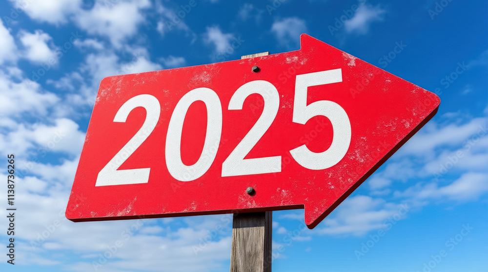 Bright Red Road Sign Pointing Towards the Year 2025 Against a Clear ...