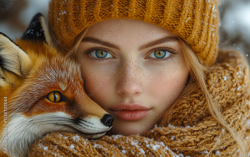 Art portrait of a beautiful young woman with red hair hugging a fox ...