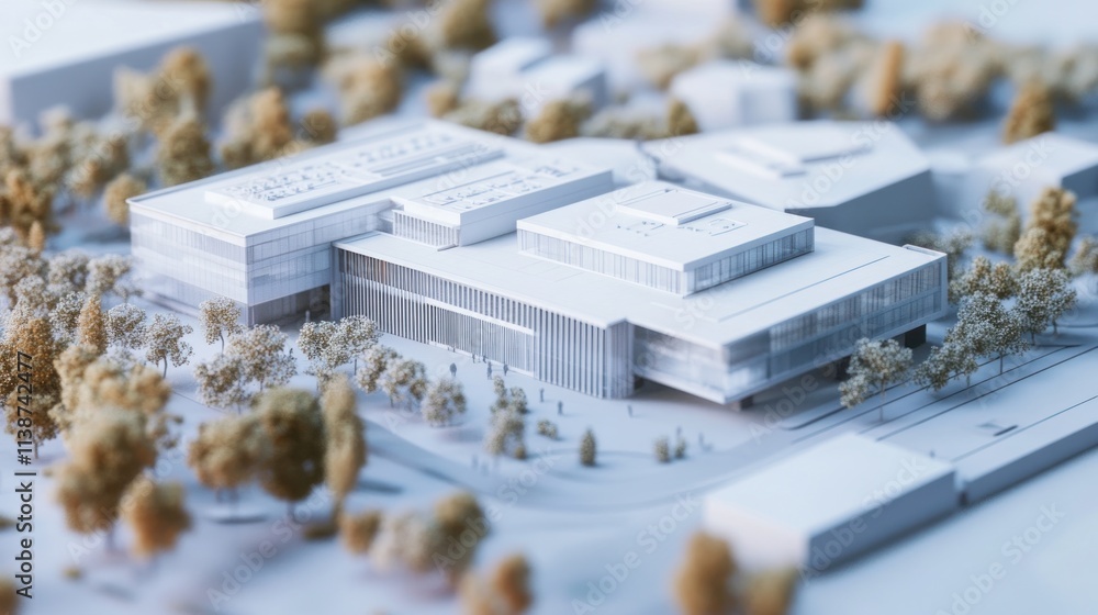 Architectural model of a modern building complex surrounded by trees ...