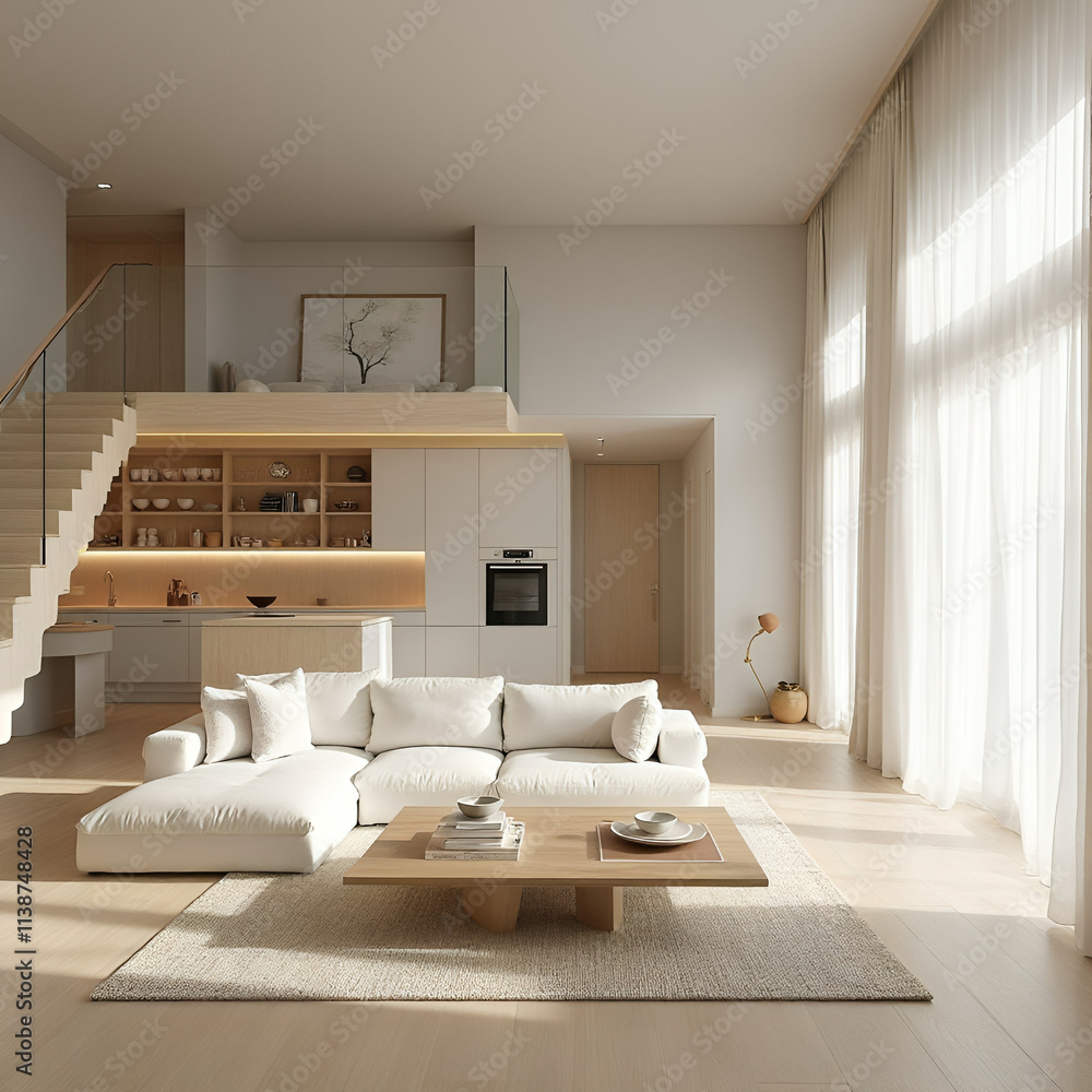 A modern and minimalist duplex living space with a warm and inviting ...