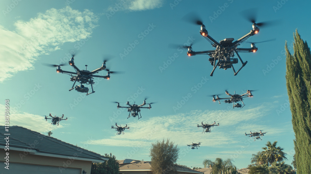 large group of drones flying in unison synchronized pattern over ...