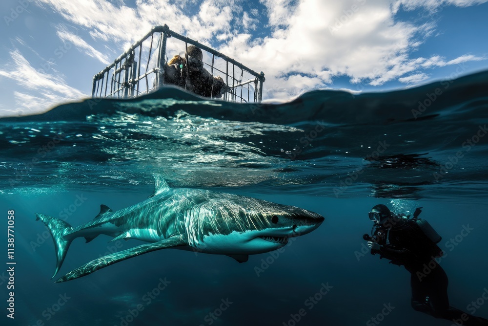 Majestic Great White Shark Gliding Just Below the Surface of the Azure ...