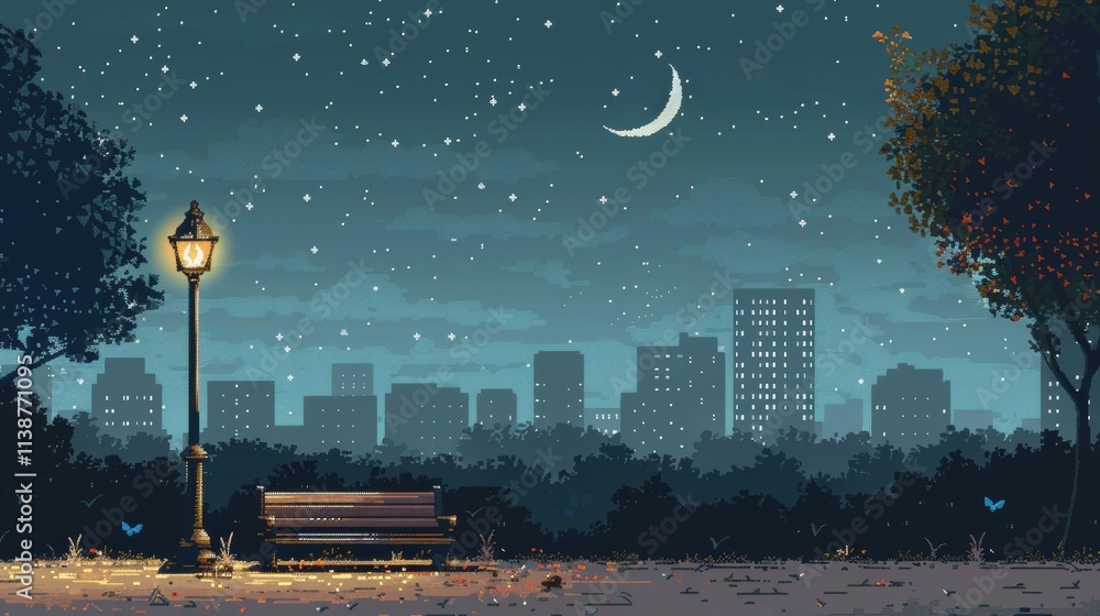 Pixel art night park scene with bench, lamppost, crescent moon, and ...