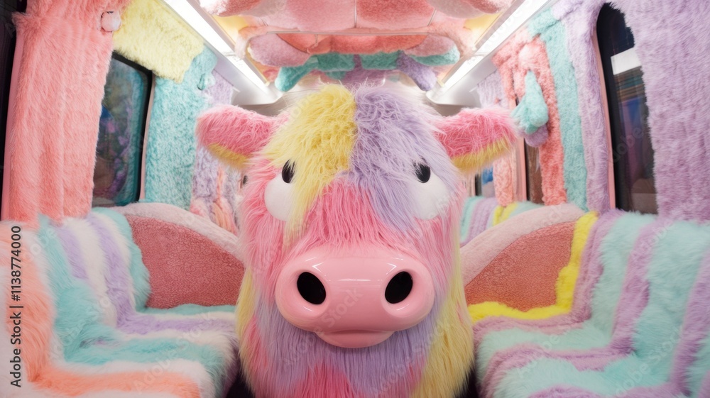 Fluffy Cow-Themed Bus with Vibrant Pastel Interior Generative aI Stock ...