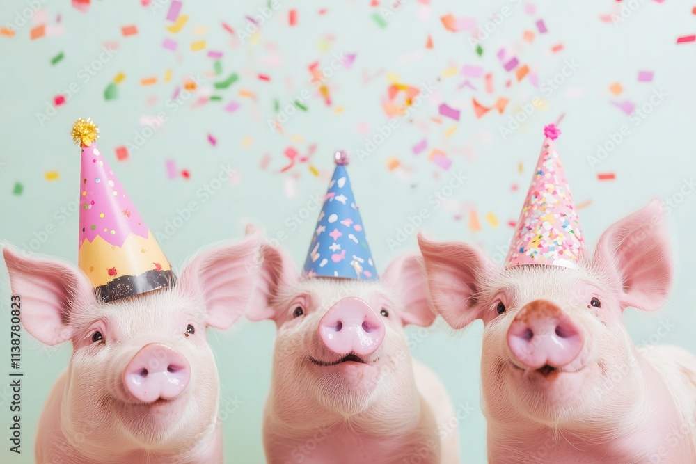 National Pig Day, three pigs in festive costumes wearing party hats ...