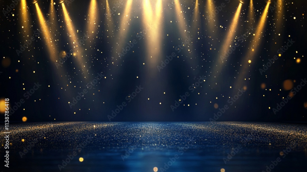 Dark blue stage with golden spotlight lines and glitter texture for ...