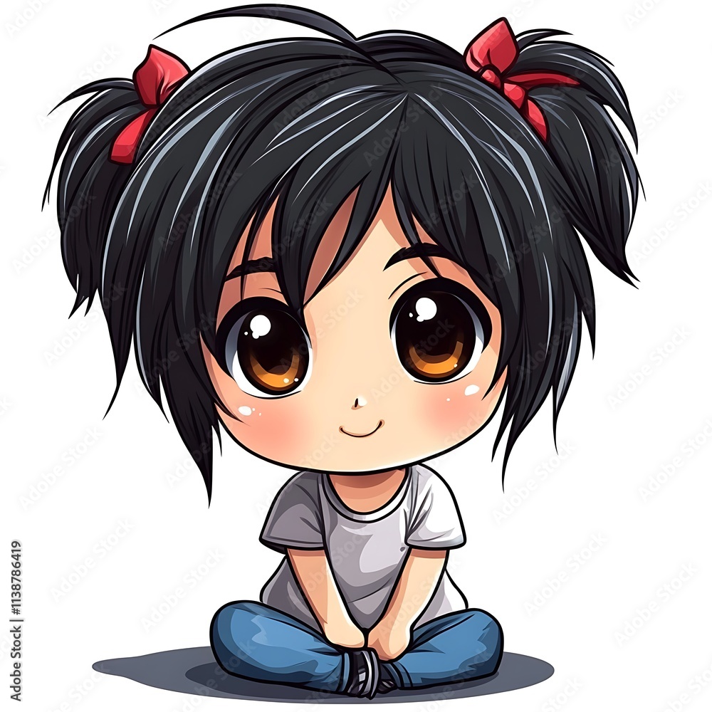 Cute anime girl, child, cartoon character, happy, adorable, sitting ...