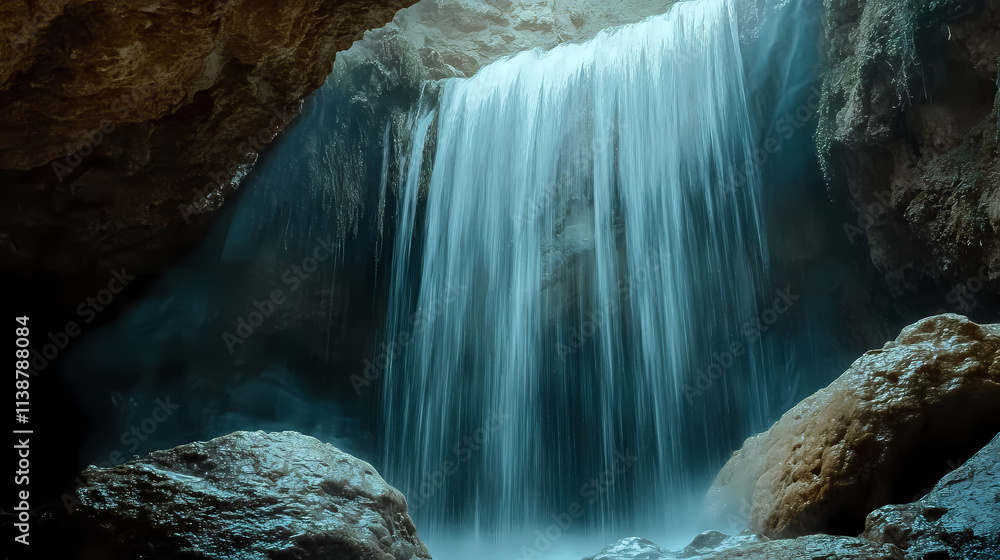 Mystical waterfall cascading through an ancient cavernous landscape ...