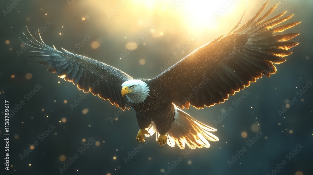 Realistic, iconic American Bald Eagle spreading its wings, hovering ...
