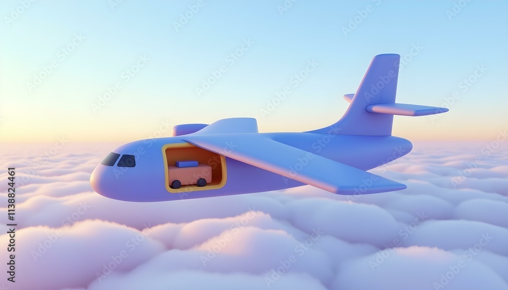 3D render of a large cargo plane in flight, with a detailed view of the ...
