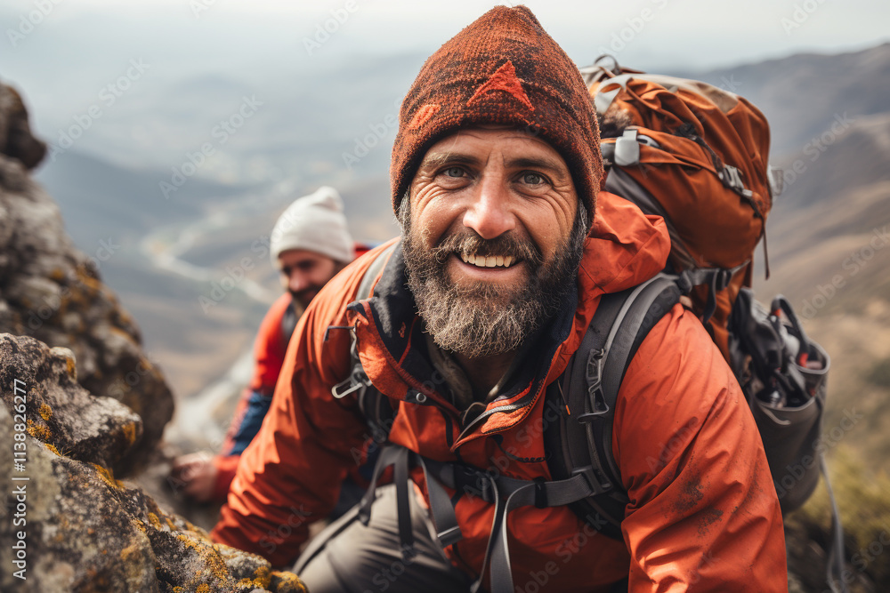 photo captures determination and excitement of a hiker climbing a steep ...