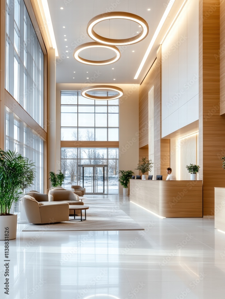 A contemporary hotel reception area with circular lights, modern ...