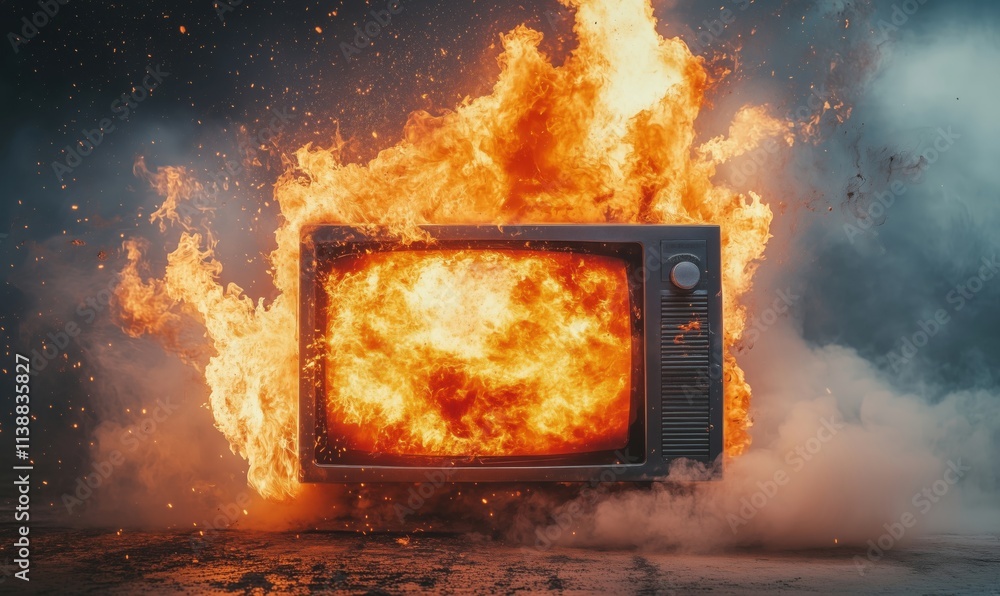 Exploding television with flames and smoke, fiery explosion, vintage TV ...