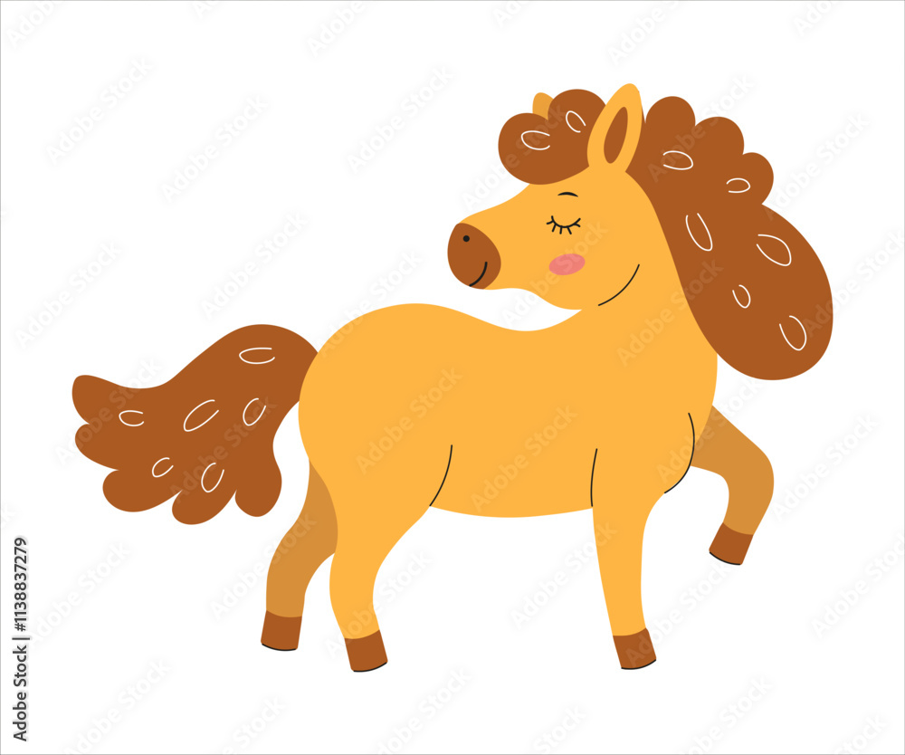 Cute cartoon pony with curly mane and cheerful expression in a playful ...