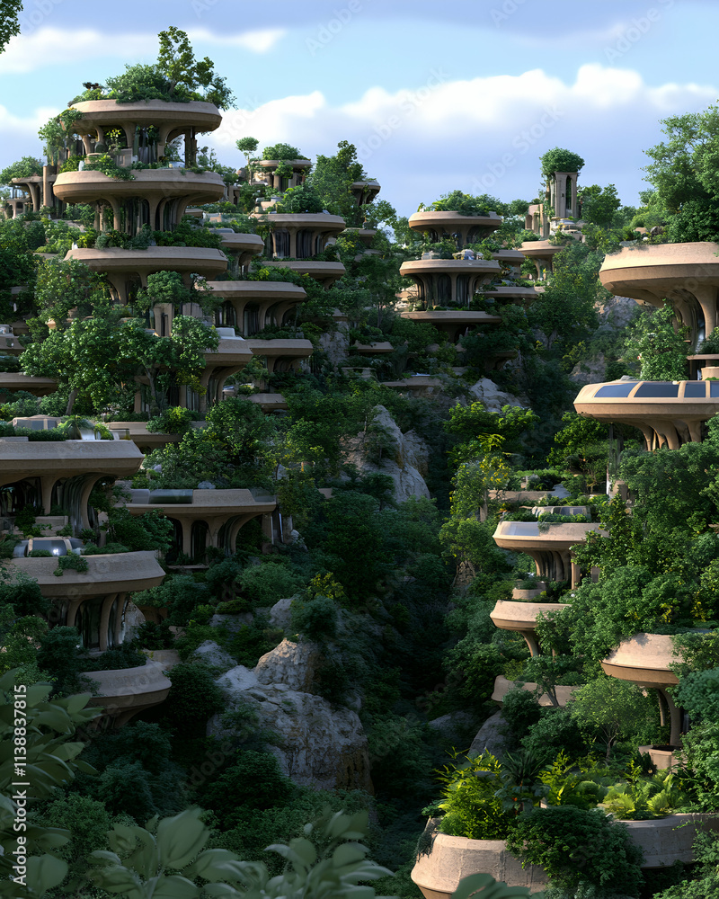 Futuristic eco-village nestled in lush greenery; sustainable ...