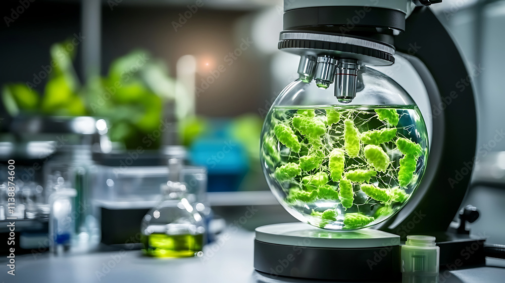 Microscope image of genetically engineered bacteria in lab setting ...