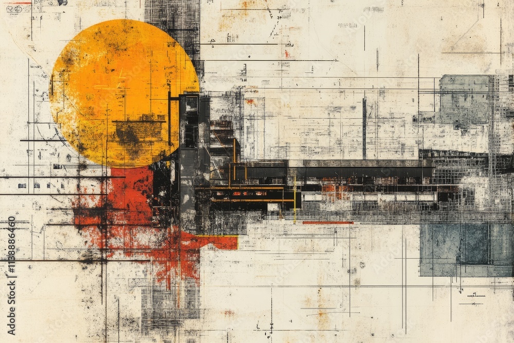 Abstract collage featuring technical drawings, diagrams, and grunge ...