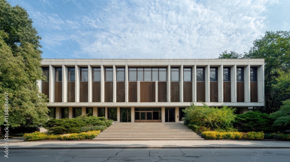 Ilustración de Stock Modernist low-rise building with brown wood facade ...