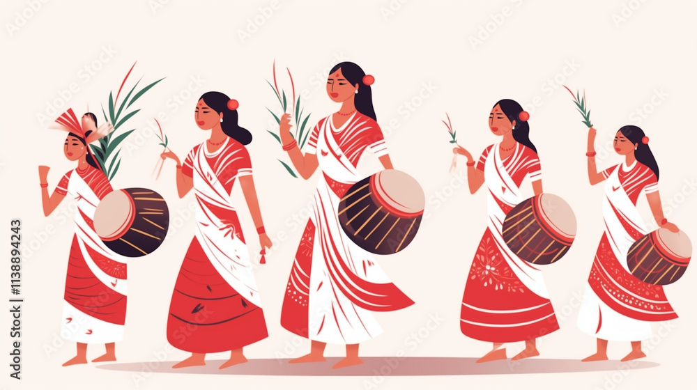 Bihu wallpaper, Assamese women wearing red and white mekhela chador ...