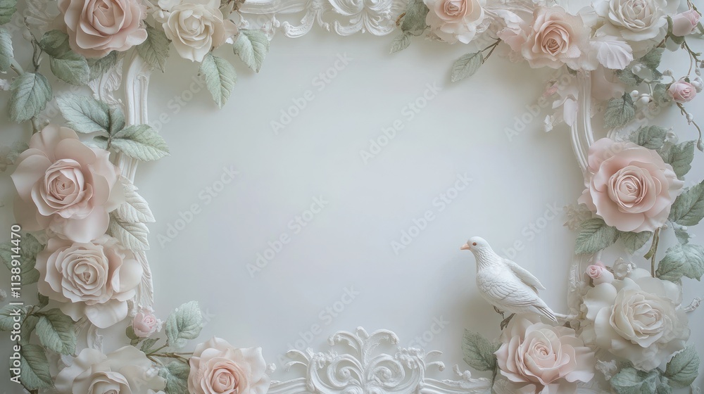 Pastel roses & dove frame border background. Stock Photo | Adobe Stock