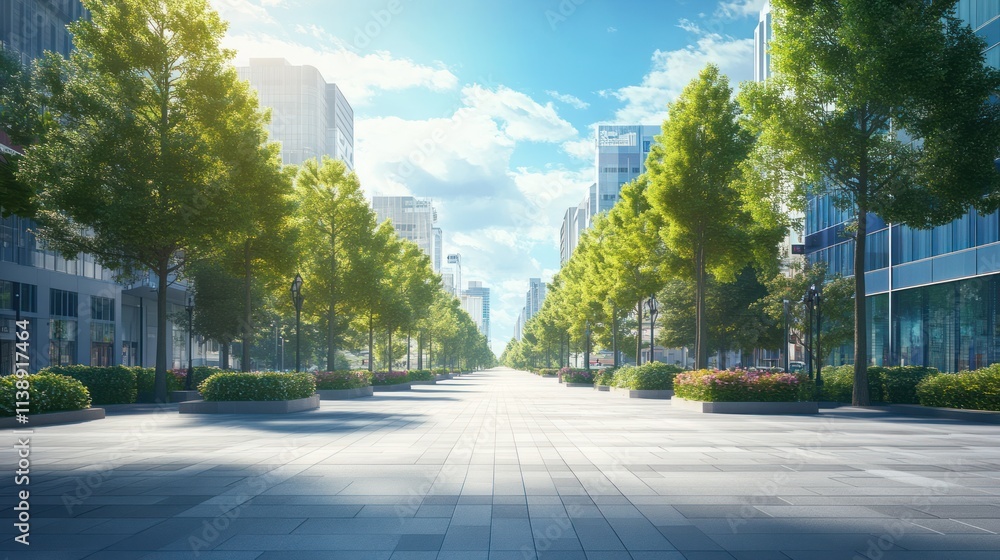 Sunlit city street with trees and modern buildings. Stock Illustration ...