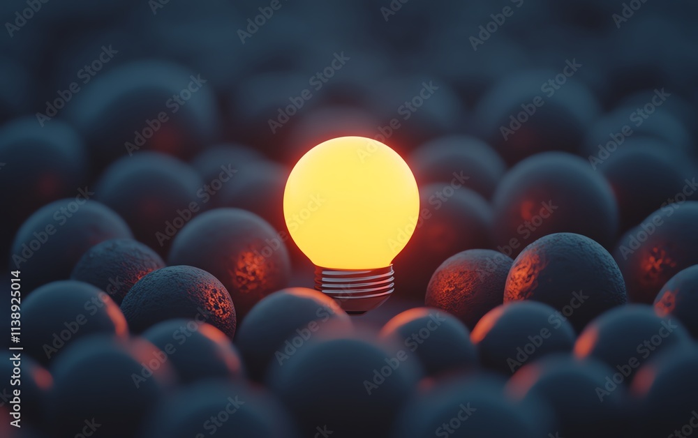 A glowing light bulb standing out among dark spheres, representing ...