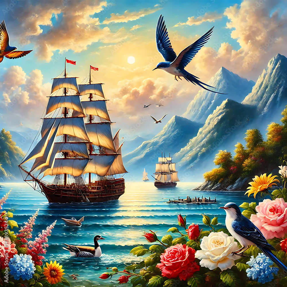 Pirate ship in sea cartoon background with layers ready for game 2d ...