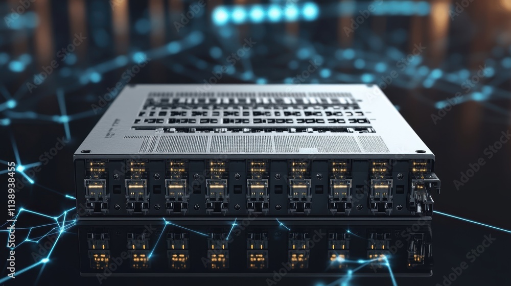 A focused image of a network switch with multiple ports showcasing the ...