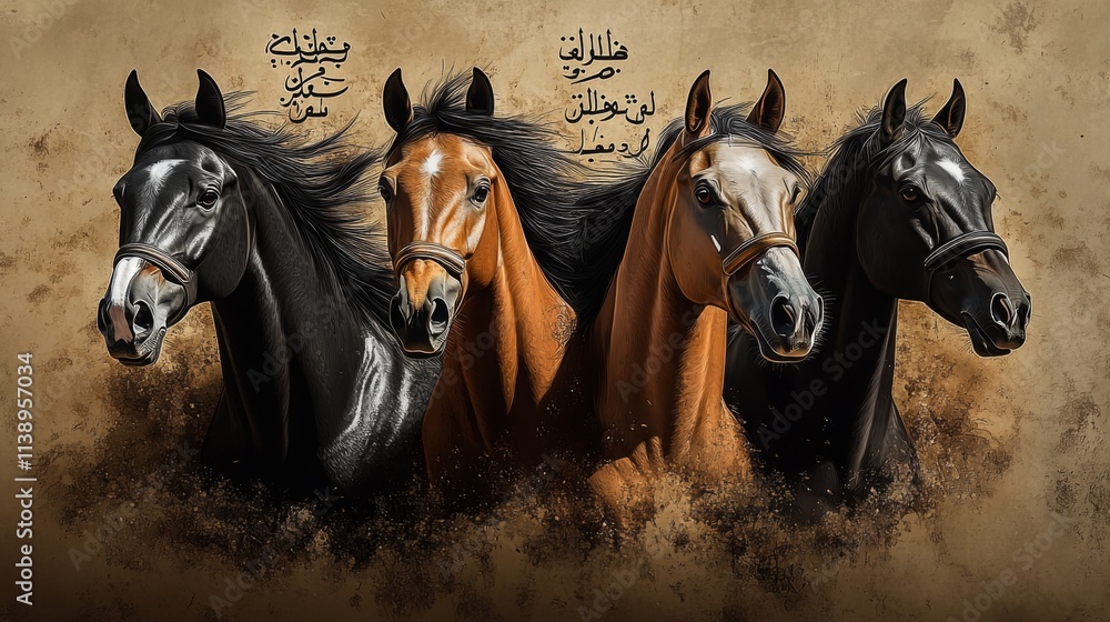 An artistic rendition of four horses standing side by side, each with ...