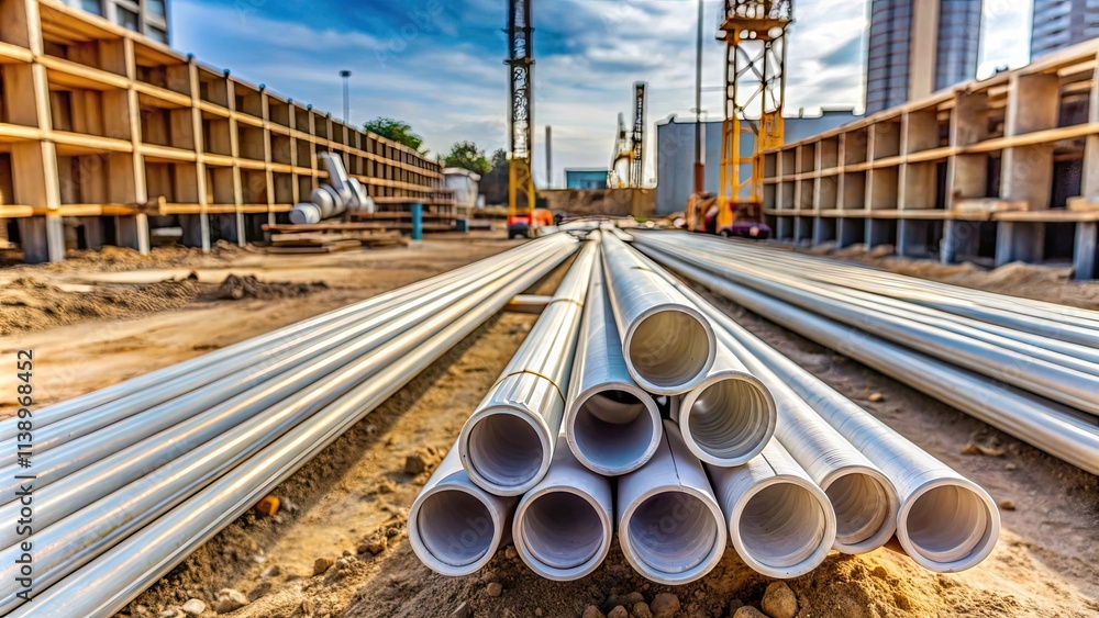 PVC pipe with TMT rods in a construction site, PVC tube pipe, plastic ...
