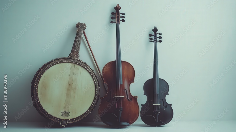 Foto de Stock Vintage Musical Instruments Showcase Featuring a Banjo ...