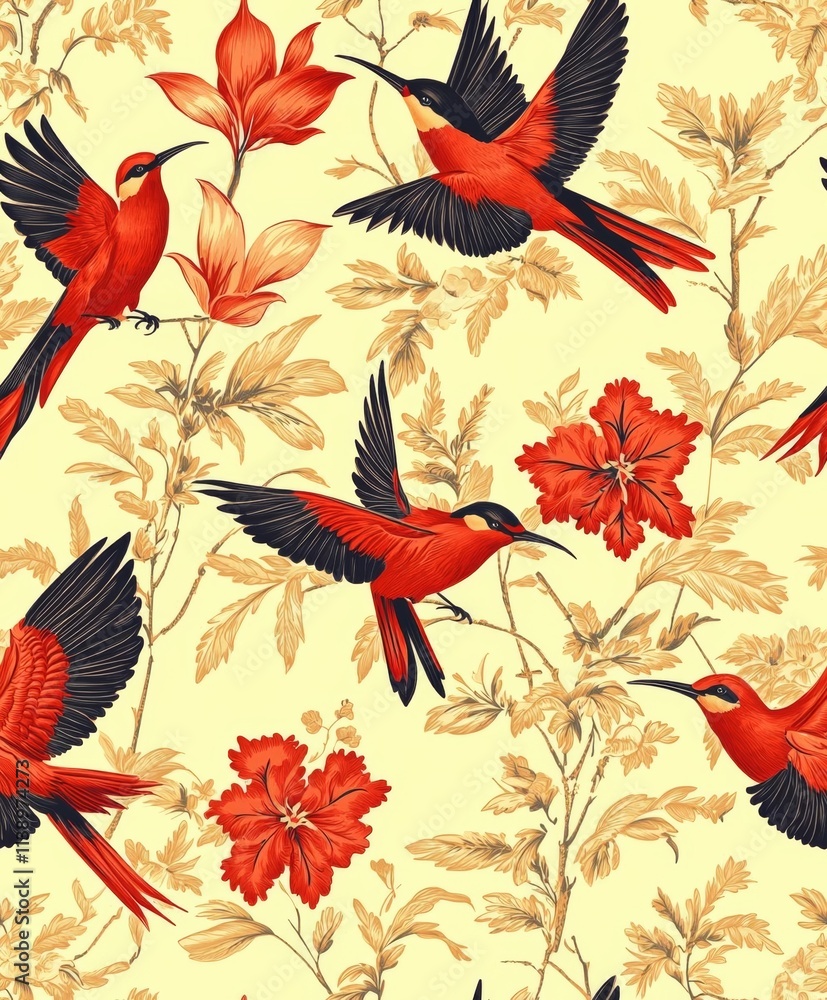 hyper realistic photo of A pattern of red birds, flowers, and leaves on ...