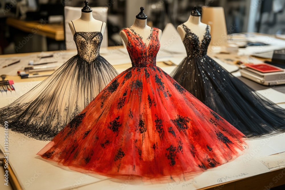 Fashion design - garment sketches, fabric samples, creative workspace ...