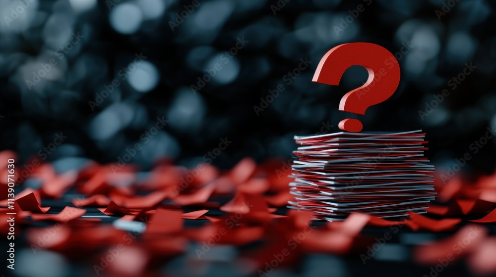 Exploring uncertainty question mark on paper piles abstract concept ...