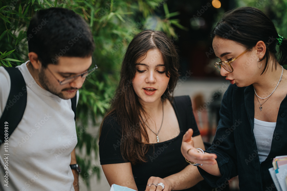 Three high school friends collaborate on assignments in a welcoming ...