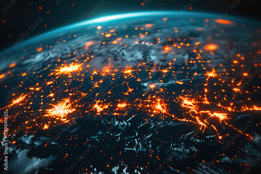 an image of the Earth from space, with major urban centers and the ...