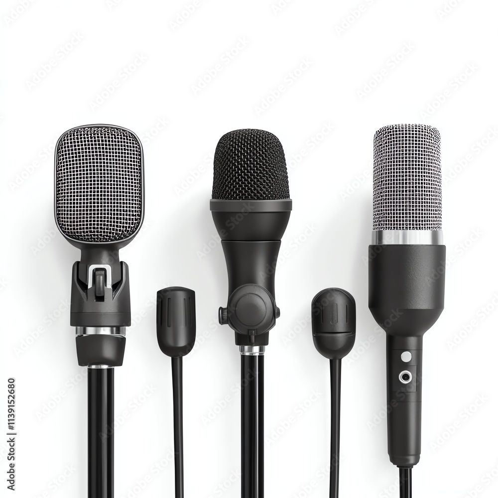 Five different types of microphones on a white isolated background ...