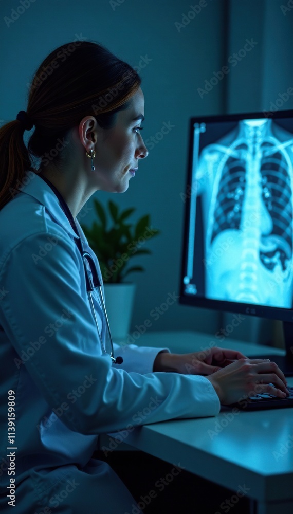 Estudiante de medicina con una computadora y una pantalla de imagen m?dica, computadora ...