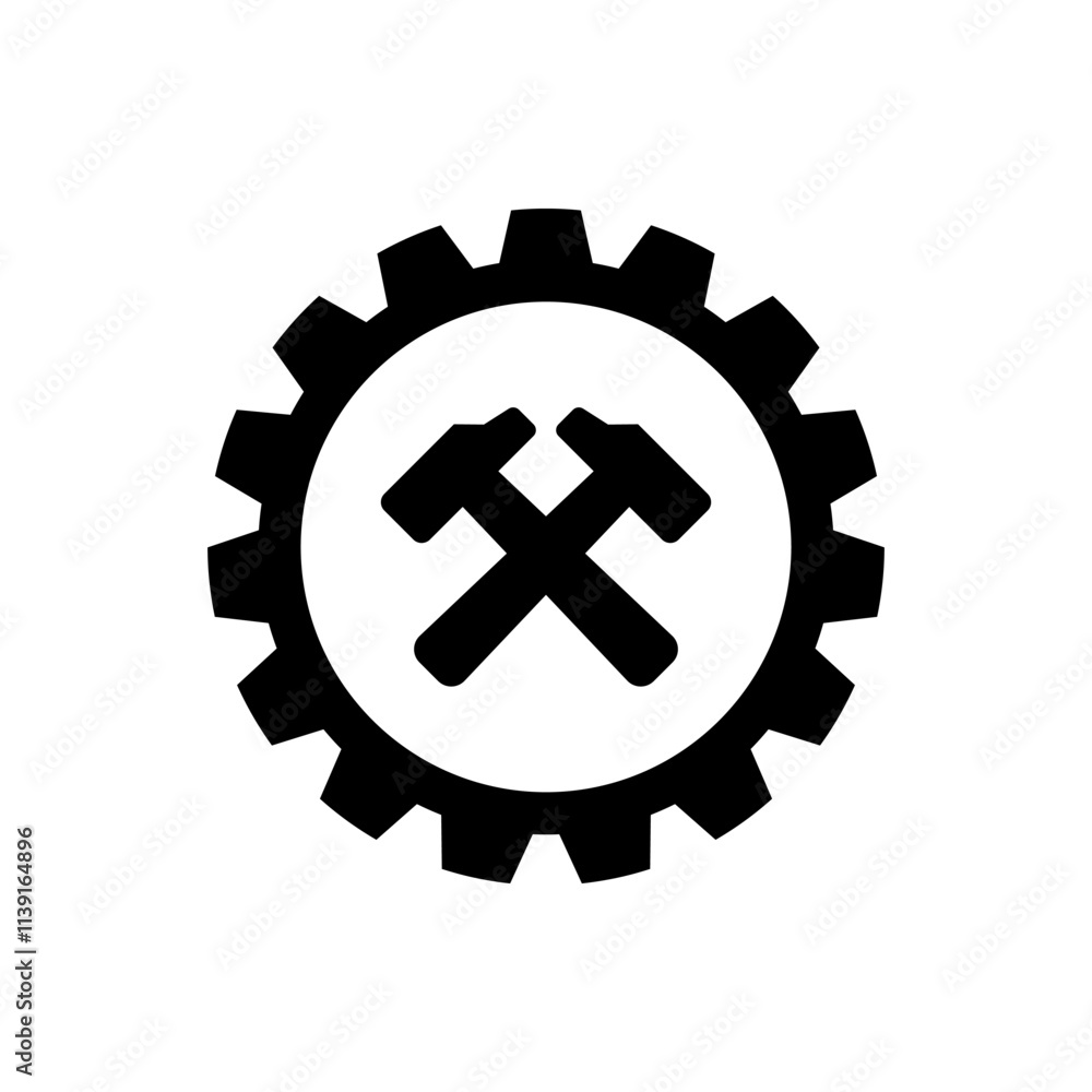 gear icon with crossed hammers, simple flat style, illustration, logo ...