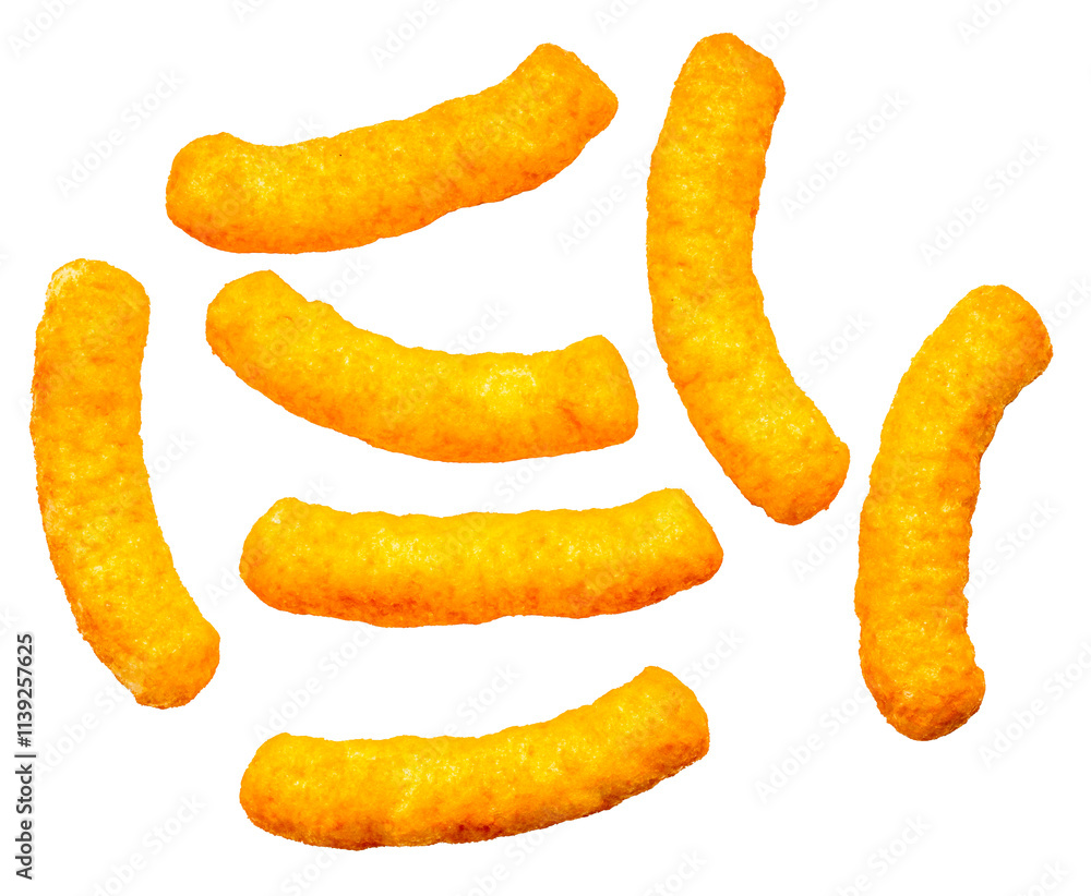 Cheesy Puffed Corn snacks isolated on white background, Puff corn or ...