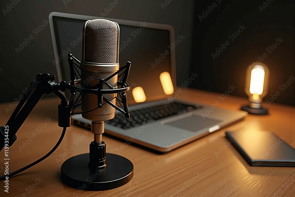 Close-Up of Microphone and Laptop on Desk – Ideal Setup for Podcasting ...